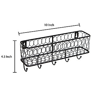 MyGift Wall Mounted Farmhouse Matte Black Chicken Wire Metal Entryway Mail Holder Letter Organizer Storage Basket with 5 Key Hooks