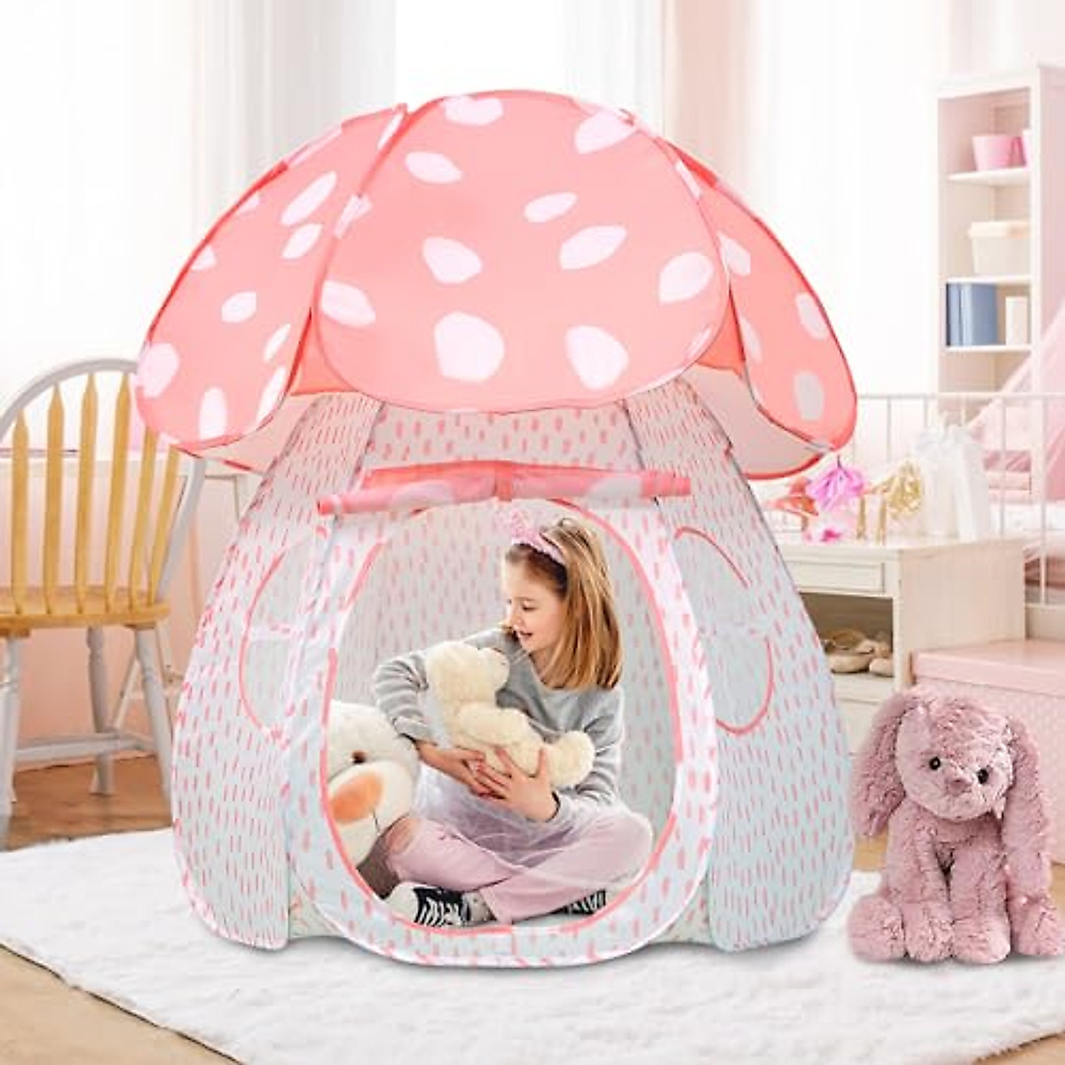 ENCHEAR Kid Play Tent Pop Up Tent Indoor Outdoor Large Space Playhouse for Boys and Girls Foldable Unique Mushroom Tent Patented (43in*57in, Pink Mushroom)