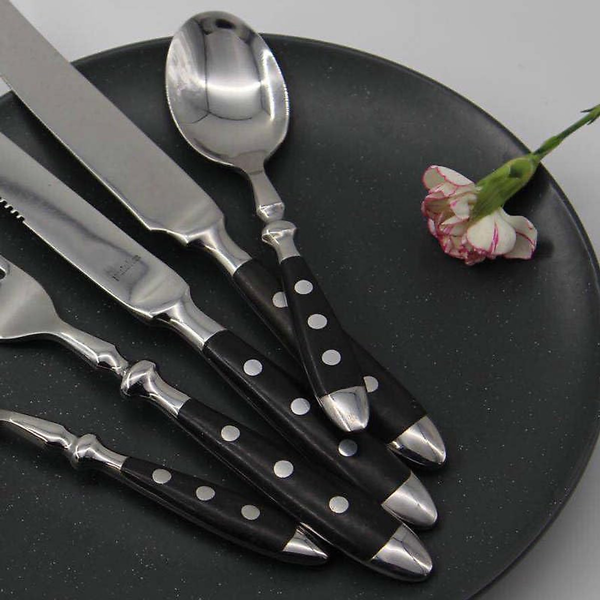 30-Pcs Cutlery Set Forged Type with Black Handles and Rivets