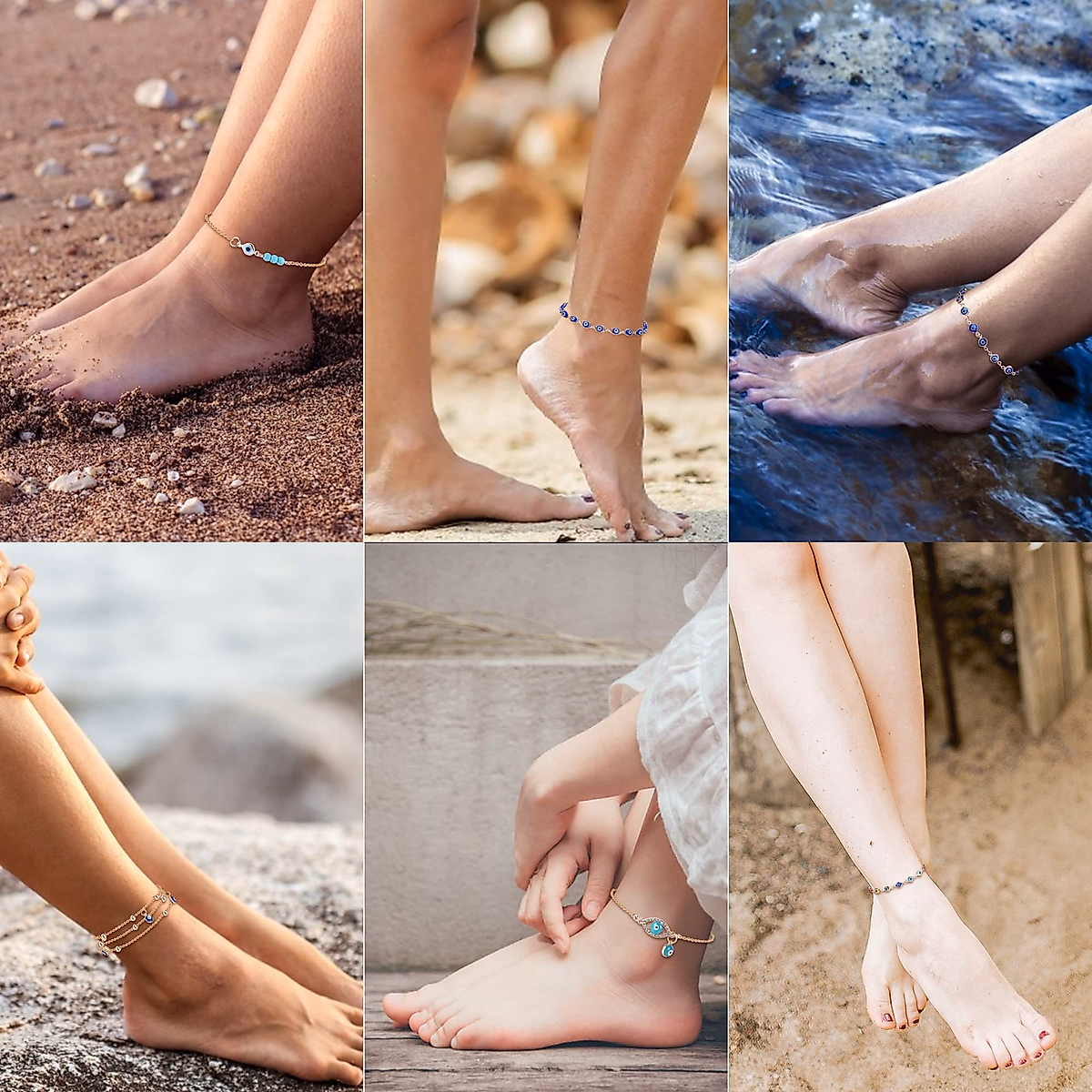 FIBO STEEL 6Pcs Evil Eye Anklets for Women Waterproof 14K Gold Plated Non Tarnish Adjustable Dainty Layered Summer Beach Jewelry Gifts