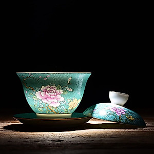 FOMIYES Chinese Porcelain Teacups Gaiwan Poney Flower Tureen Tradition Sancai Cover Bowl Lip Cup Saucer Tea Set Loose Tea Blooming