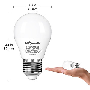 SHINESTAR Refrigerator Light Bulb, 40 Watt Appliance Bulbs for Fridge, 5000K Daylight, Waterproof A15 LED Bulb, Non-dimmable, 2-Pack