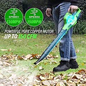 SOYUS 20V Cordless Leaf Blower with 2x2.0Ah Battery and Charger, 150 MPH Electric Leaf Blower, Two-Speed Mode, Green