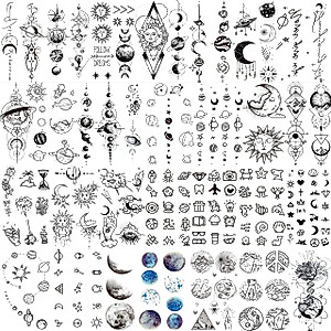 COKTAK 28 Sheets Outer Space Temporary Tattoos For Kids Women Men, 3D Fake Realistic Star Sun Moon Tattoo Stickers Boys Girls, Long Lasting Geometric Planets Universe Tattoos Neck Small Solar System