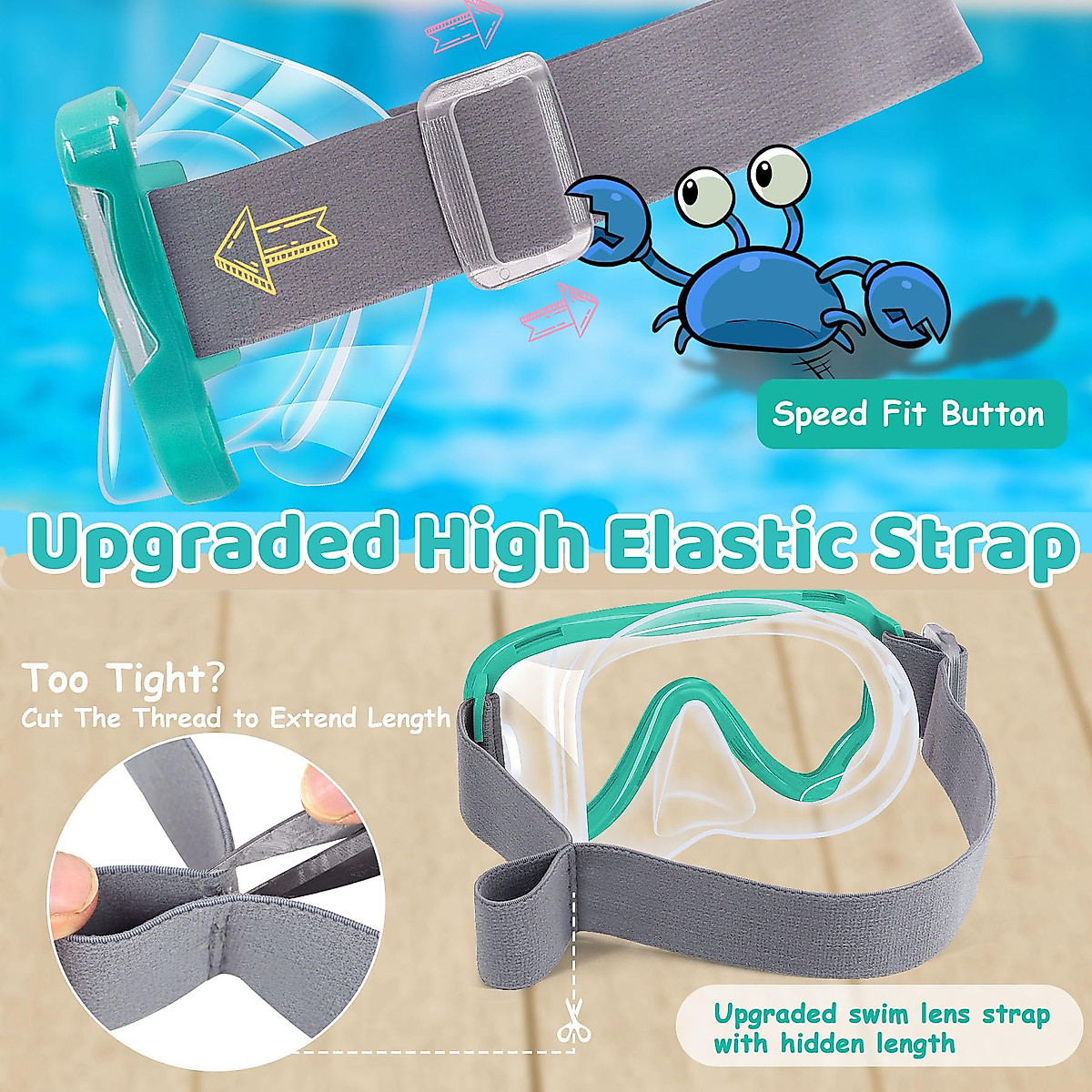 Vvinca Kids-Goggles with Nose Cover, Diving Mask Elastic Fabric Strap Anti Fog Anti Shattered Lens for Kids Swim Goggles 3-14