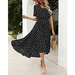 Maggeer 2024 Spring Summer Dress for Women Short Sleeve Cute High Low Flowy Graduation Engagement Bridal Shower Beach Maxi Dress Black Polka Dot M