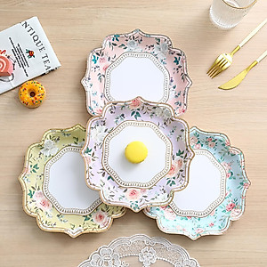 Eopelsm Floral Paper Plates Spring Tea Party Disposable Plates Tableware for Mother's Day Blossom Flower Fairy Garden Bridal Birthday Baby Shower Party Supplies, Pack of 48 (9 inch)