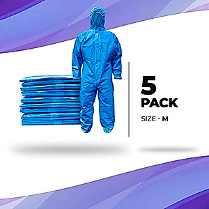 AMZ Disposable Coveralls with Hood, Medium Size. Pack of 5 Blue Hazmat Suits with Front Zip, Elastic Wrists and Ankles. 50 GSM SMS Lab Coveralls. Hazmat Costume Adult. Waterproof Painting Coveralls