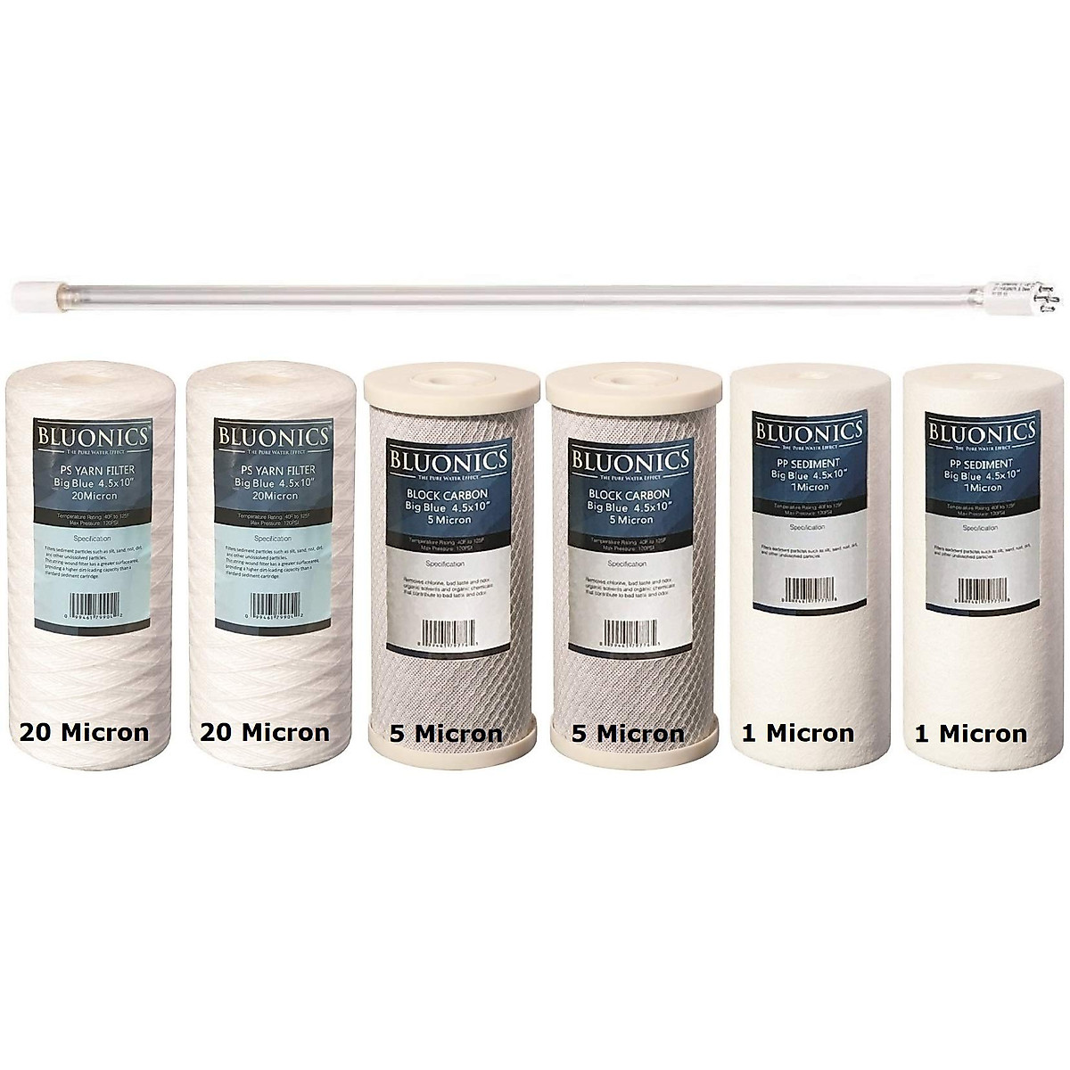 BLUONICS String-wound Sediment, CTO Carbon & Sediment + UV Bulb Replacement Filter Set for our Well Water System > 3pcs 4.5" x 10" Whole House Cartridges + Lamp
