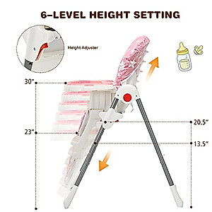 BABY JOY Folding High Chair for Babies & Toddlers, Infant Dining Chair w/Removable Dishwasher Safe Tray, 5-Point Safety Belt, Wheels, Detachable Cushion, Adjustable Backrest Footrest & Height (Pink)