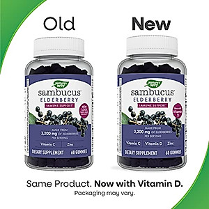 Nature’s Way Sambucus Elderberry Gummies, With Vitamin C, Vitamin D and Zinc, Immune Support for Kids and Adults*, 60 Gummies (Packaging May Vary)