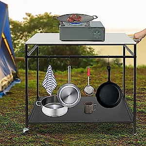 CNCEST Outdoor Grill Cart, Double-Shelf Movable Cooking Table, Outdoor Dining Cart with Storage and on Wheels, Stainless Steel Tray Kitchen BBQ Food Prep Table for Grill,Dining Cart Table-Silvery