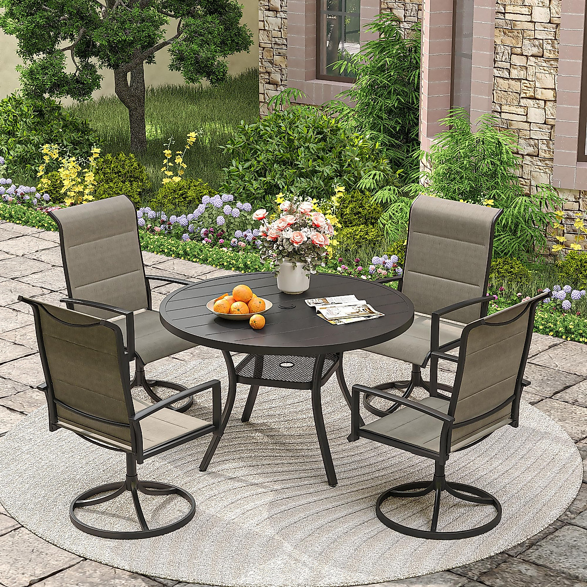 VICLLAX Patio Swivel Chairs Set of 2, Padded Textilene Fabric Outdoor Dining Chairs with Upgraded Base for Lawn Garden Backyard Deck, Black Frame