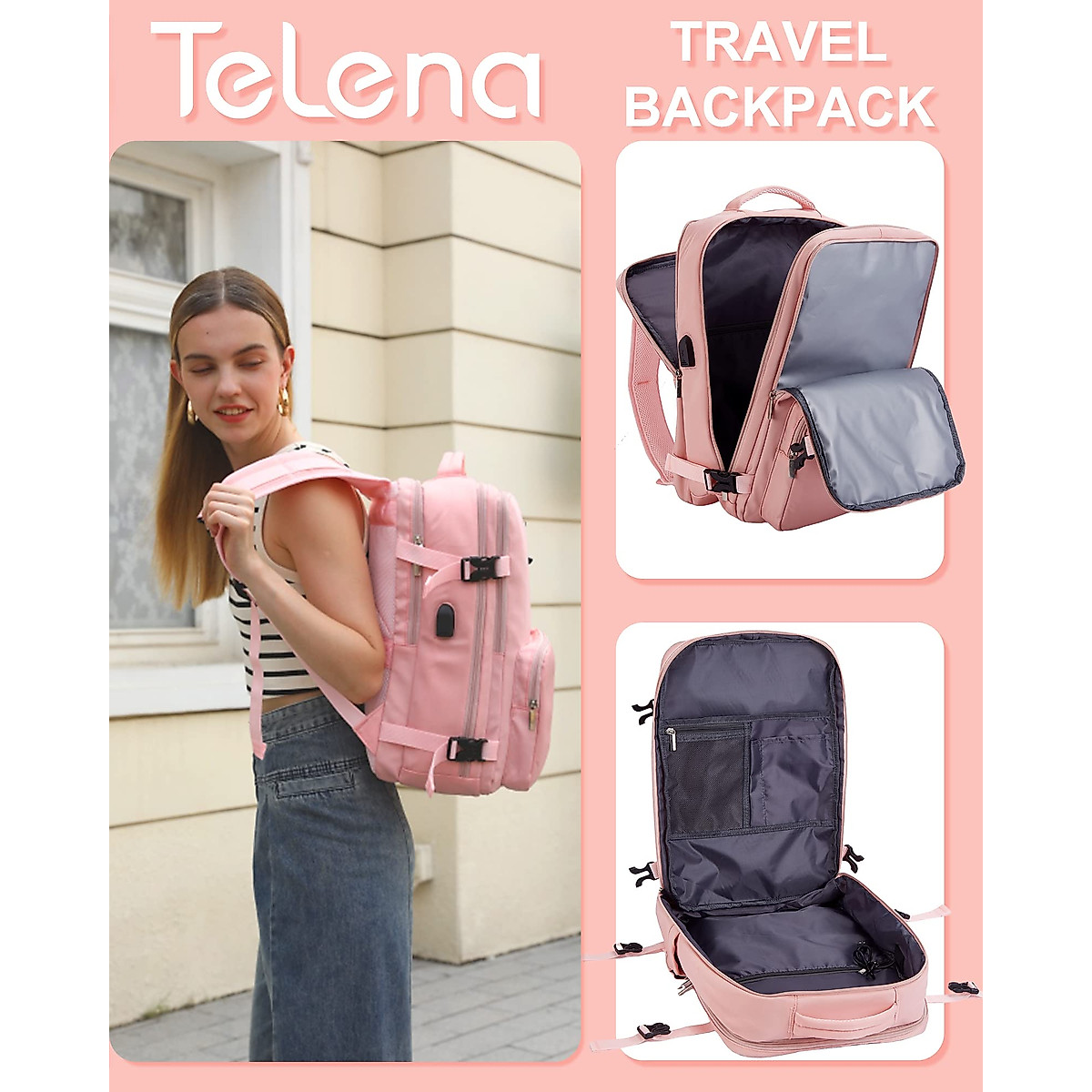 Telena Travel Backpack for Women Large Carry On Backpack Airline Approved Personal Item Backpack with USB Charging Port Waterproof Casual Bag, Pink