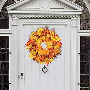 MorTime Thanksgiving Wreath with LED Lights Pumpkin Pinecones Red Berries Maple Leaves, 17" Harvest Day Themed Hanging Silk Fall Door Wreath Welcome Sign for Garden Gate Home Thanksgiving Decorations