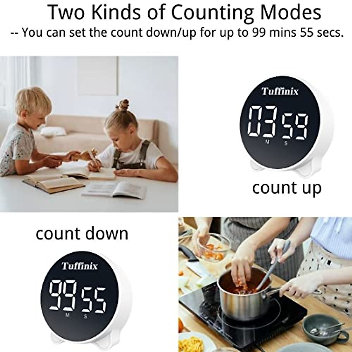 LED Digital Kitchen Timer with Alarm Clock - Tuffinix Kitchen Countdown Timers with 2 Groups of Alarm Clock 3-Level Volume for Cooking Kids Adults Gym Bedroom, USB Mode& Battery Mode