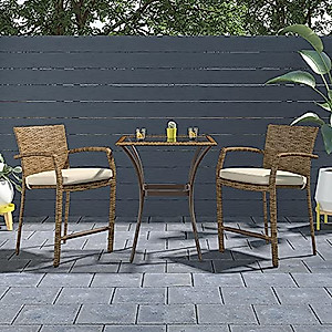 Cosco Outdoor 3 Piece High Top Bistro Lakewood Ranch Steel Woven Wicker Patio Balcony Furniture Set with Cushions, Brown