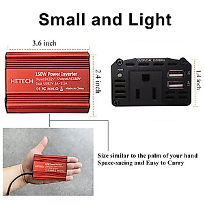 HETECH 150W Car Power Inverter 12V DC to 110V AC Converter Vehicle Adapter Plug Outlet with 3.1A Dual USB Car Charger with Cigarette Lighter Interface for Laptop Computer iPhone - Red