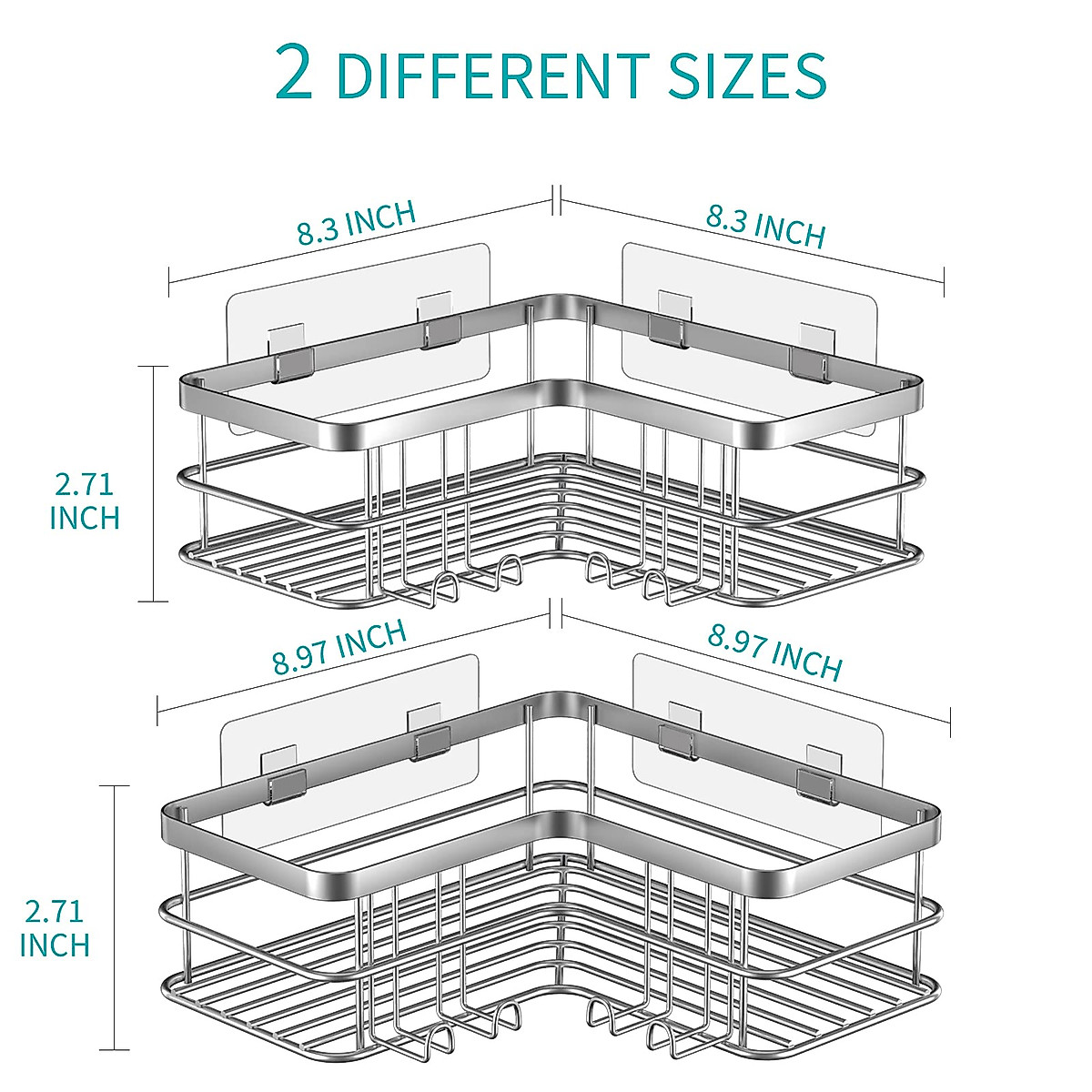 Yazoni Corner Shower Caddy, Adhesive Shower Shelves No Drilling [2-Pack], Rustproof Stainless Steel Bathroom Shower Organizer with 8 Hooks, Shower Shelf for Inside Shower (Silver)