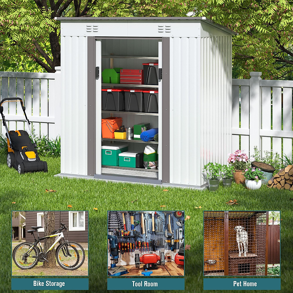 JAXPETY 4' x 6' Ft Outdoor Storage Shed, Metal Tool Shed with Vents, Lockable Door, Organizer House for Garden Backyard Patio Lawn, Weatherproof, White