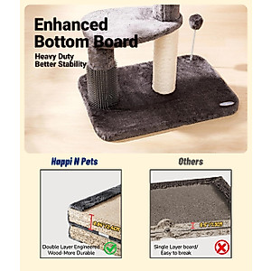 Happi N Pets 34“ Tall Cat Scratching Post for Big Cats, Natural Sisal Cat Scratchers for Indoor Cats, Heavy Duty Cat Stands Featuring with Cat Self Groomer and Hanging Toys, Free Catnip-Gray