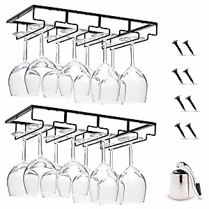 Under Cabinet Wine Glass Holder - 4 Row Hanging Wine Glass Rack With A Steel Wine Stopper - Our Under Shelf Wine Glass Holder is Great for Wine, Brandy, Margarita, Martini & More - 2 Racks, Black