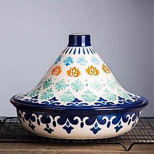 MYYINGBIN 10 Inches Moroccan Tagine with Ceramic Base and Cone-Shaped Lid Underglaze Craft Clay Enamel Stew Pot Healthy Slow Cooker, Blue