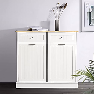LOUVIXA Tilt Out Trash Can Cabinet Dog Proof with Double Wood Hidden Holder, Kitchen Free Standing Recycling Cabinet（White）