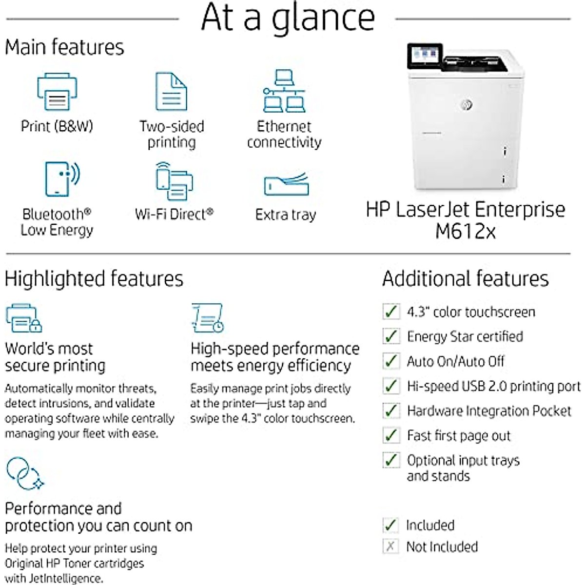HP Laserjet Enterprise M612x Single-Function Wireless Monochrome Laser Printer, White - Print only - 4.3" Touchscreen, 75 ppm, 1200 x 1200 dpi, Auto Duplex Printing, Ethernet - Cbmou External Webcam
