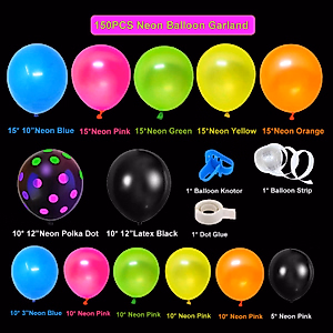 150Pcs NEON Balloon Garland Kit, Neon Glow in The Dark Balloon Arch with neon yellow, orange, pink, blue and neon polka dots Blacklight Balloons for Disco Party,Glows with Black Light Party Supplies