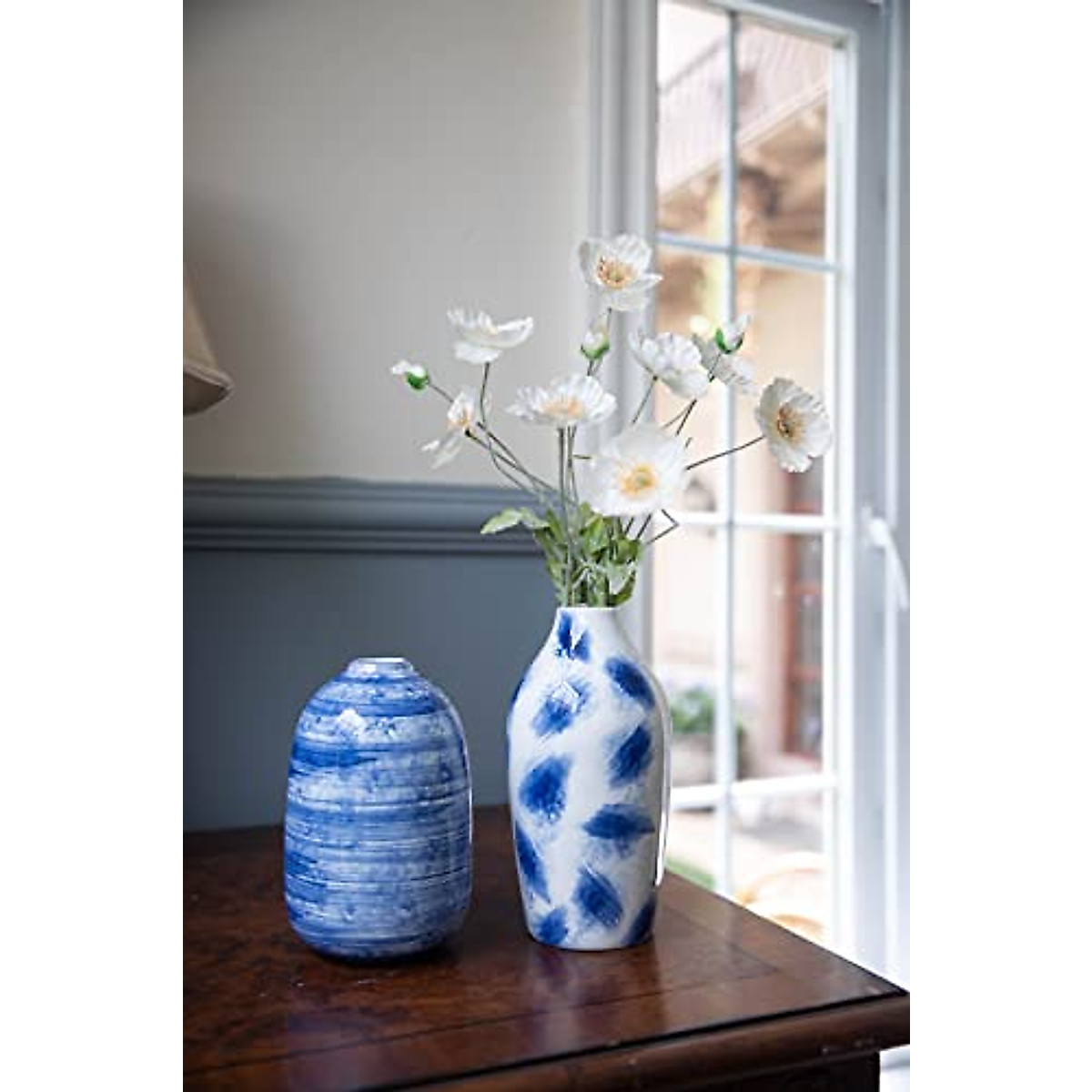 TERESA'S COLLECTIONS Blue Ceramic Vase for Modern Home Decor, Blue and White Vases for Flowers, Glazed Vases with Brush Effect for Centerpieces, Shelf, Living Room, Mantel -Set of 2, 7&8 inches