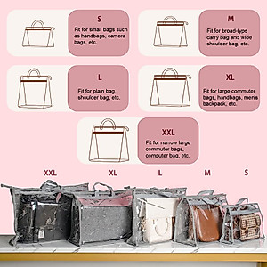 5 Sizes Clear Handbag Storage Organizer with Cozy Handle and Smooth Zipper, KMOTASUO Anti-dust Handbag Dust Cover Bag, Space-Saving Purse Storage Bag Organizer for Closet (Grey)