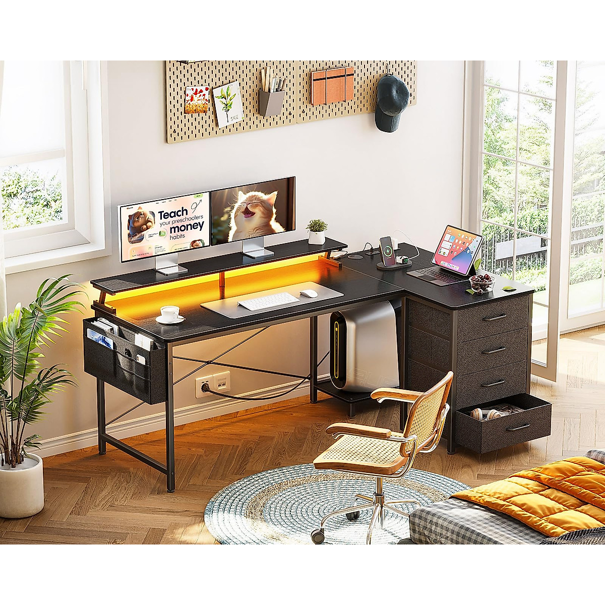 ODK 55-Inch L Shaped Gaming Desk with LED Lights & USB Power Outlets, Reversible Computer Desk with 4 Drawers, Corner Gamer Desk with CPU Shelf & Monitor Stand, Gaming Table for Bedroom, Black