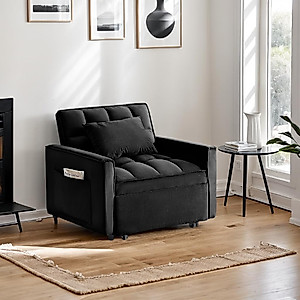 AnwickNomo 3-in-1 Convertible Sofa Bed with Adjustable Backrest, Modern Velvet Pull Out Sleeper w/Storage Pockets, Folding Chaise Lounge Recliner Chair for Living Room Bedroom Small Spaces (Black)