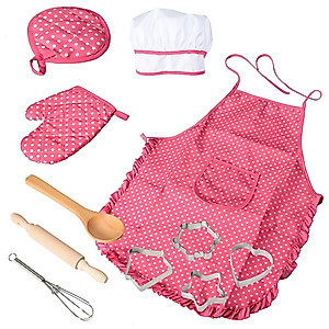 Funslane 11 Pcs Kids Cooking and Baking Set with Apron for Girls, Chef Hat, Oven Mitt, and Other Cooking Utensils for Toddler Chef Career Role Play, Children Dress up Pretend Play, Great-Gift
