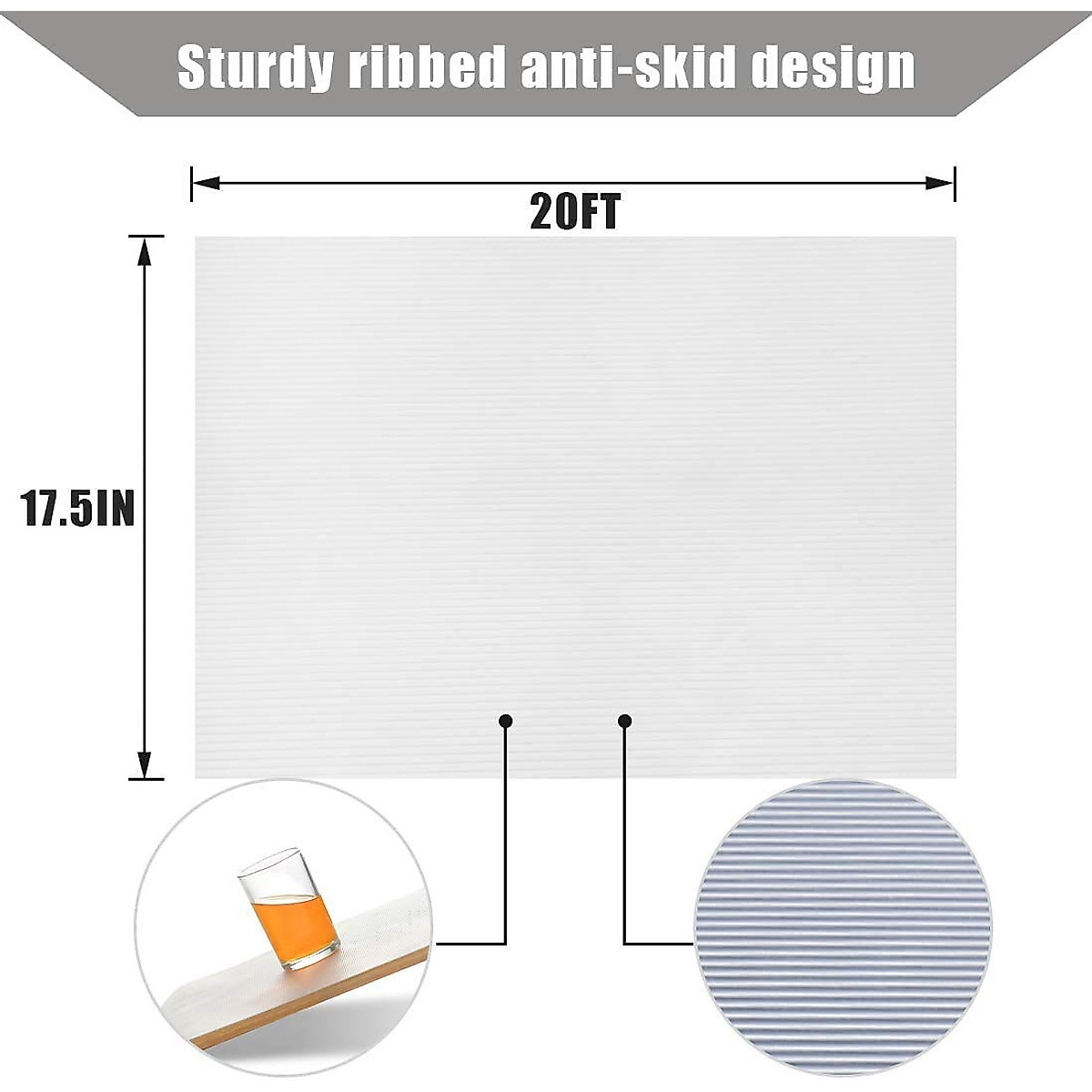 Shelf Liner for Kitchen Cabinets, 17.5 Inches x 20 FT, Non Adhesive Cabinet Liner, Double Sided Non-Slip Drawer Liner, Washable for Kitchen Cabinets, Pantry,Bathroom,Laundry Room, Clear Ribbed