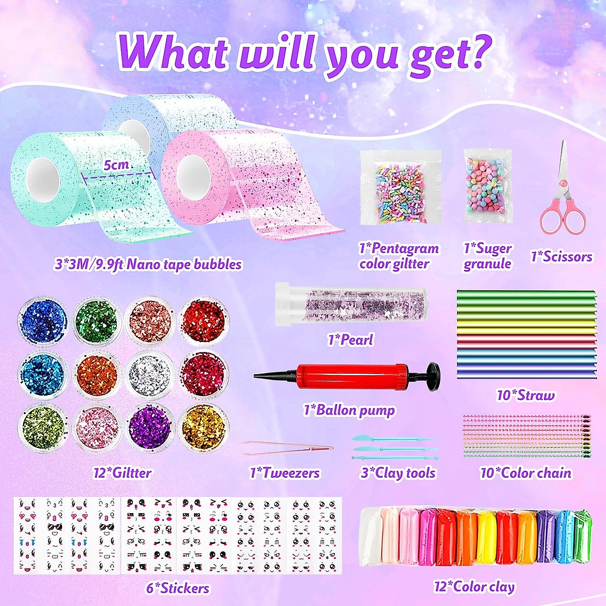 62 Pcs Nano Tape Bubble Kit, Double Sided Elastic Adhesive Tape Bubbles, Handmade DIY Nano Anxiety Relief Stress Balls Toys for Boys Girls, Kids Crafts Party Favors with Glitter Decorative Supplies