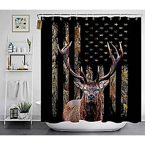 SKAILIÉ 4PCS Deer Shower Curtain Set, Camo Camouflage Black American Flag Moose Elk Woodland Animal Hunting Lodge Cabin Country Rustic Farmhouse Bathroom Decor Fabric Shower Curtain, Non-slip Bath Mat