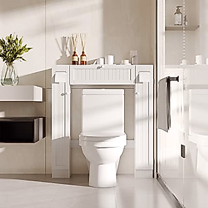 ITUSUT Over The Toilet Storage Cabinet, Freestanding Toilet Cabinet Organizer with 2 Side Doors and Pull-Down Door, Bathroom Cabinet Over Toilet with Adjustable Shelves & Paper Holder, White