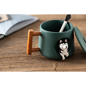 DIHOclub Ceramic Coffee Mug with Lid and Matching Spoon,Novelty 3D Husky Pattern Mug for Tea Milk Chocolate Juice,Cute Cup for Dog Lovers,Perfect Gifts-14 Ounces (green)