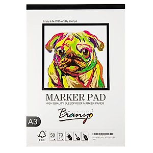 Bianyo XL Bleedproof Marker Paper Pad, A3(11.69"X16.54"), 50 Sheets, 18 LB / 70 GSM, Glue-Bound, 100% Cotton, White, Ideal for Use with Markers and Ink Mediums