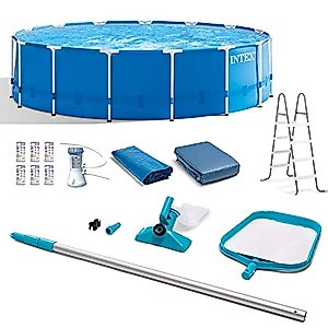 Intex Metal Frame 15' x 48" Round Above Ground Swimming Pool Set with Filter Pump, Ladder, and Cover with Maintenance Accessory Vacuum and Skimmer Kit