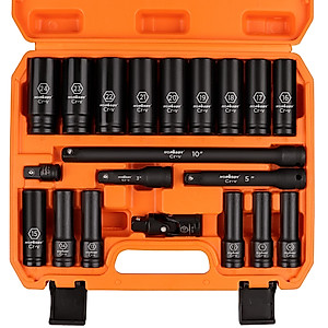 HORUSDY 20-Piece 1/2 Impact Socket Set | Metric (10mm - 24mm) | 6 Point Impact Socket Set 1/2 Drive with Case | Cr-V Steel | 3", 5", and 10" Impact Extension Bars