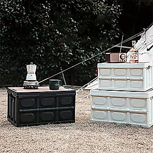 Collapsible Storage Box 55L Folding Storage Bin with MDF Lid Storage Container Shelf Basket Cloth Closet Car Organizer Outdoor Picnic Transport Box Toy Clothes Book Holder Plastic Tote Crate- Black