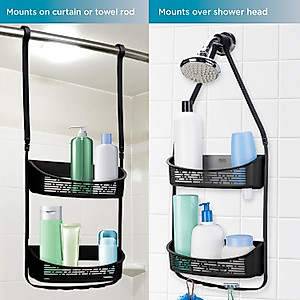 BLACK+DECKER 2-Way Convertible Hanging Anti-Swing Shower Caddy, 2 Way Adjustable Arm, Over The Door, Loofah & Razor Hooks, Storage & Organization, Large and Small Bottles and More, Black