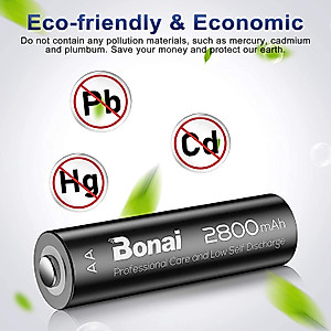 BONAI Rechargeable AA Batteries 2800mAh High Capacity, Recharge up to 1200x Times, Pre-Charged, Low Self Discharge Ni-MH AA Battery-16 Count