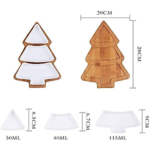 White Christmas Tree Plates Chip & Dip Set, 11 Inches Christmas Ceramic Snack Plate with Bamboo Tray, Removable Porcelain Tree Appetizer Dessert Fruit Salad Saucers Bowl, Cutlery Platter Serving Dish