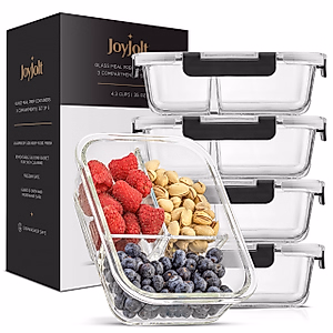 JoyJolt Divided 3 Compartment Glass Meal Prep Bento Box Set. 5 Pack Airtight Food Storage Containers with Lids for Portion Control and Weight Loss