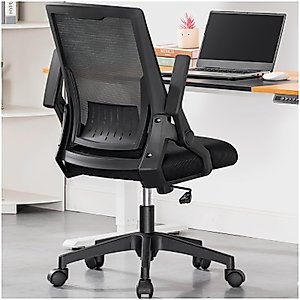 COMHOMA Office Chair with Flip-up Armrests Ergonomic Computer Desk Chair Foldable Mesh Task Chair with Wheels Adaptive Lumbar Support Swivel Tilt Comfortable Study Chair, Black (Seat Depth 17.7")