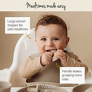 Yunioo Extra Heavy Silicone Baby Feeding Set Essentials, Premium 9-Piece Set of Baby Led Weaning Supplies with Silicone Baby Plate with Lid, Superior Suction Bowl and Baby Utensils - Beige